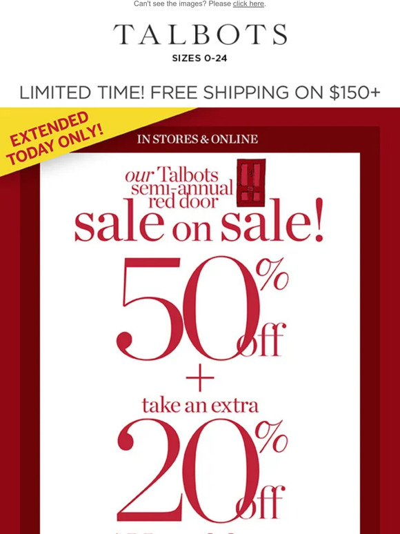 Talbots: EXTENDED! Extra 50% + 20% off MARKDOWNS | Milled