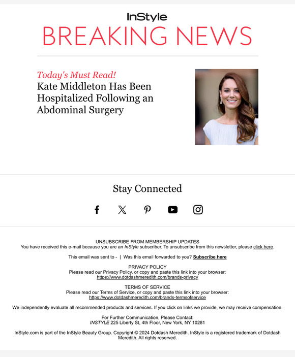 InStyle: BREAKING: Kate Middleton has been hospitalized following an ...