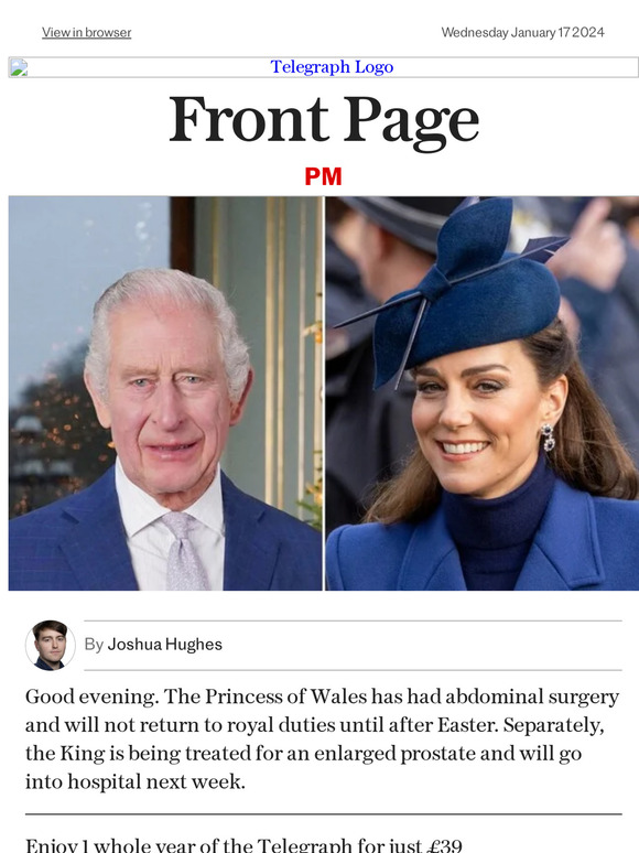 The Telegraph: King to have prostate treatment as Princess of Wales ...