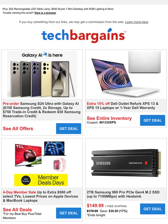 TechBargains: Pre-order Deals on Samsung Galaxy S24 Ultra | $1350 HP ...