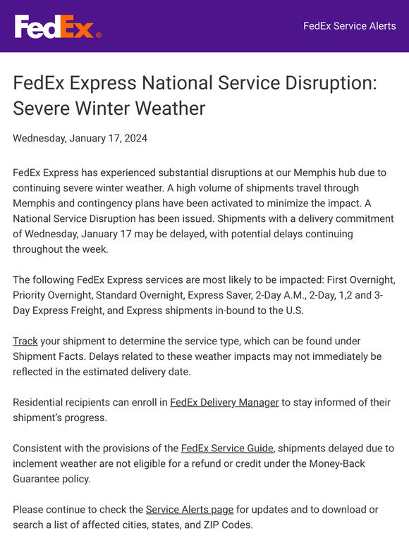 FedEx: FedEx Express National Service Disruption: Severe Winter Weather ...