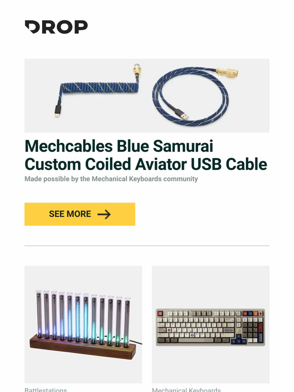 Drop: Mechcables Blue Samurai Custom Coiled Aviator USB Cable, Keebmonkey Quartz 12-Tube Rhythm ...