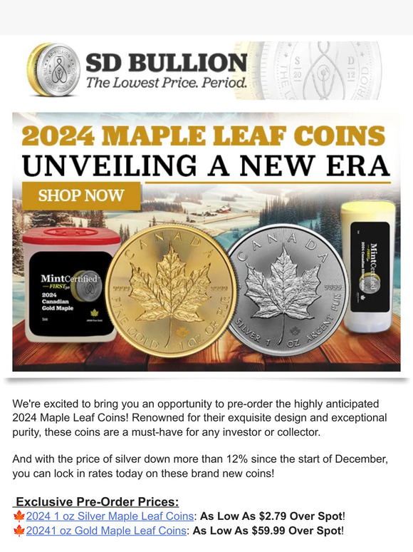 SD Bullion: 🍁 Silver Continues to Fall: 2024 Maples Go On Sale! | Milled