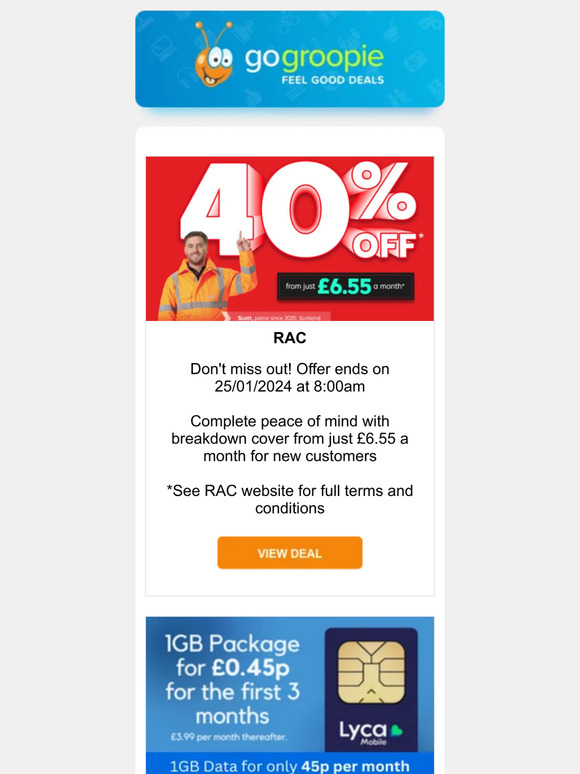 Go Groopie: 🚗 RAC: Breakdown Cover from £6.55 | Lyca: 1GB SIM Only for ...
