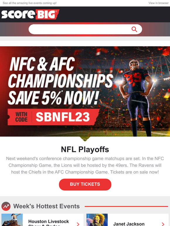 ScoreBig: NFC & AFC Championships Are Here, Save Now! / Houston ...