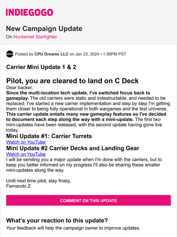 Indiegogo: 📢 Update #12 from Hunternet Starfighter | Milled