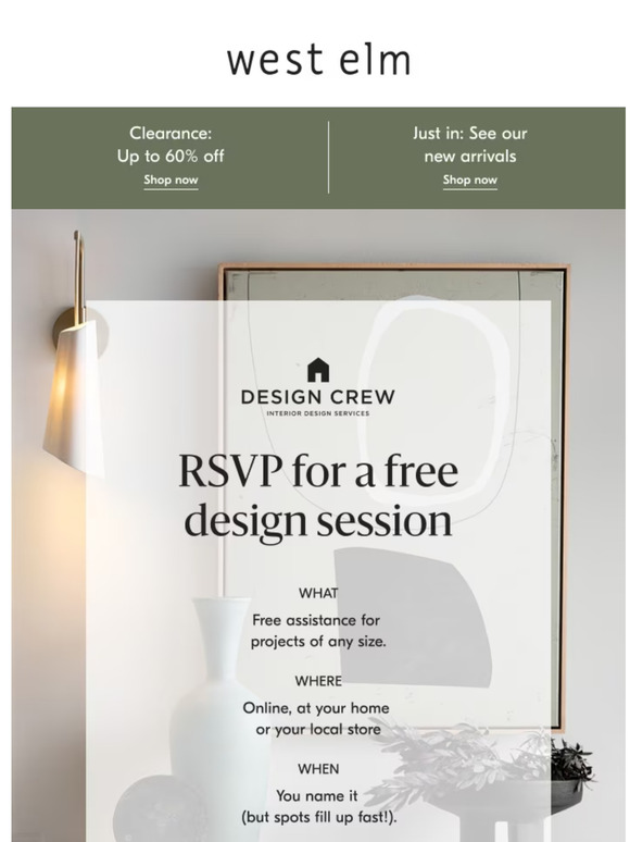 West Elm: FREE design advice: Reserve your spot now! | Milled