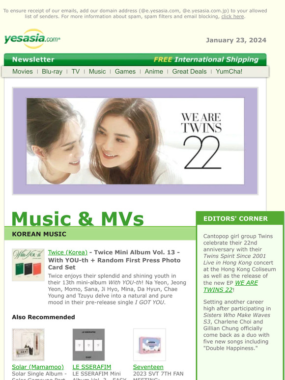 YesAsia: New at YesAsia: Twins, Twice, AGA, One Night At School, Tekken 8, MF Ghost | Milled