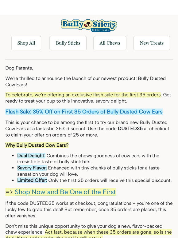 Bully Sticks Central: Exclusive Launch: 35% Off New Bully Dusted Cow ...