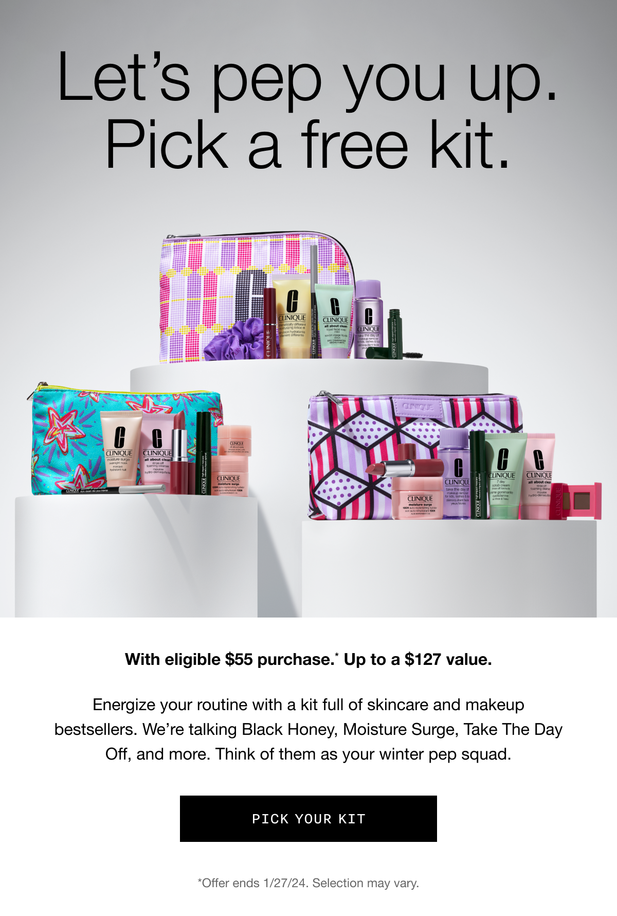 Clinique: Pick your pep-me-up! Free kit with $55 purchase. | Milled