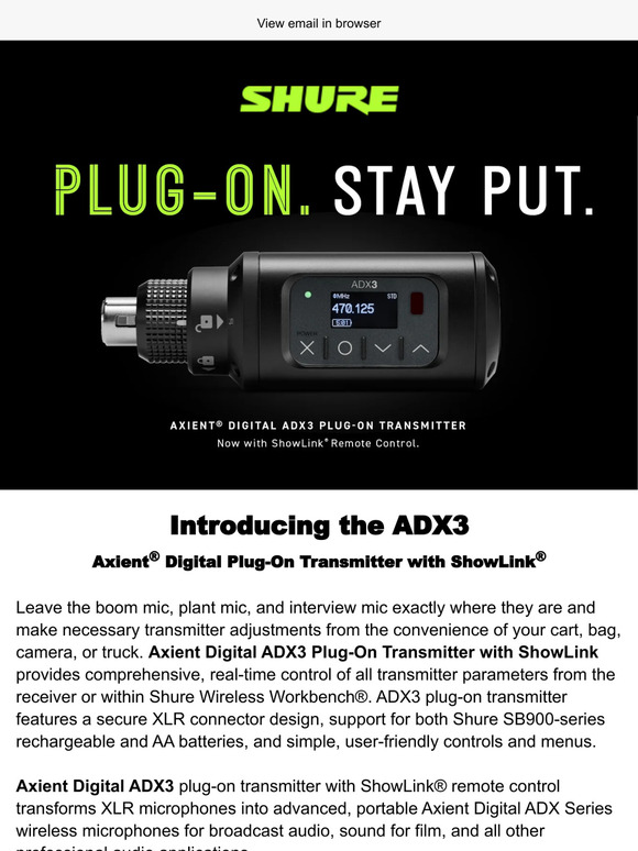 Shure: Introducing the New Axient® Digital ADX3 Plug-On Transmitter with ShowLink® | Milled