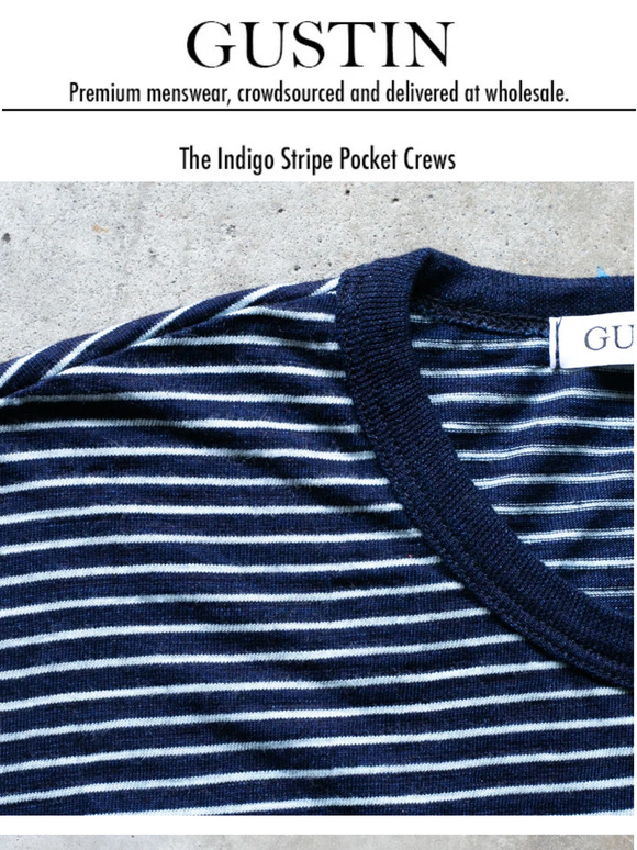 Gustin: Indigo Stripe Pocket Crews | $20 Off M65 Repro | Alpaca Wool ...