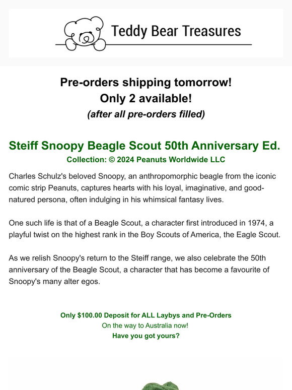 Teddy Bear Treasures: He's Here! Snoopy Beagle Scout by Steiff has ...