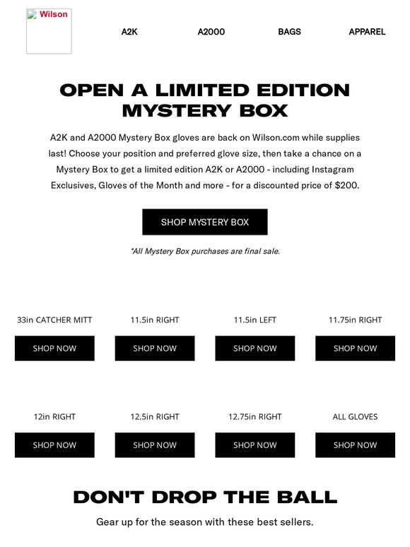 Wilson: LIMITED QUANTITIES OUT NOW: $200 Mystery Box Gloves | Milled