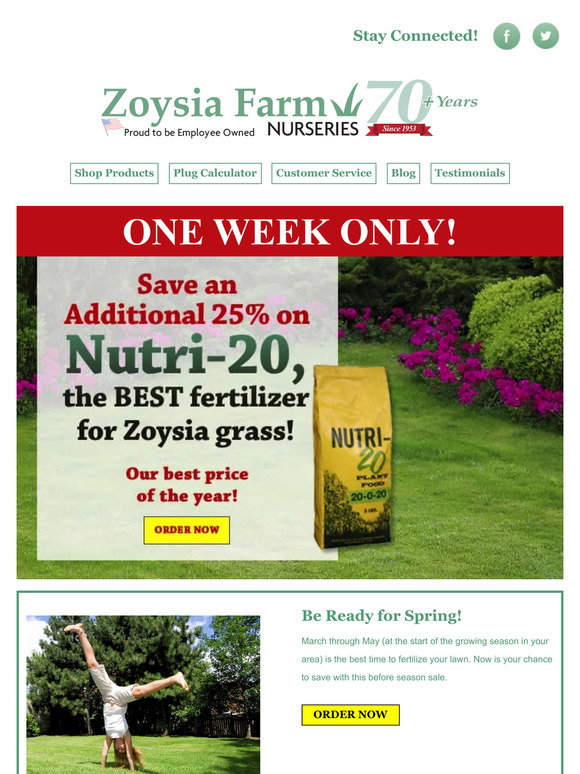 Zoysia Farms: Save an Additional 25% on Nutri-20 Fertilizer | Milled