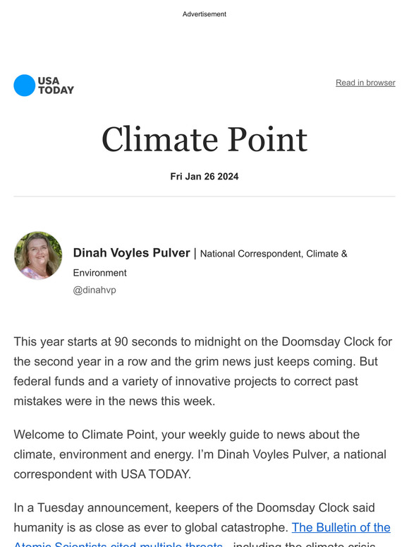 USA TODAY: Climate Point: Doomsday Clock has another sobering message ...