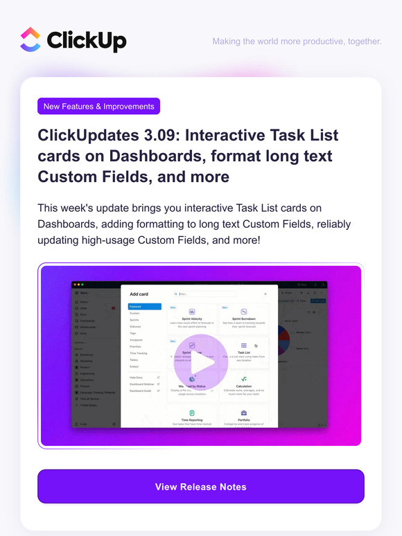 ClickUp: Interactive Task List cards on Dashboards, format long text ...
