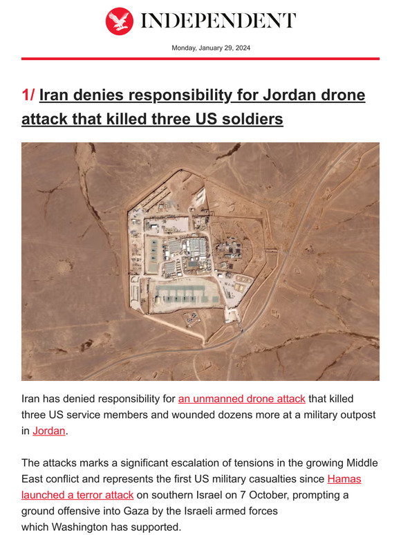 The Independent: Iran denies responsibility for Jordan drone attack ...