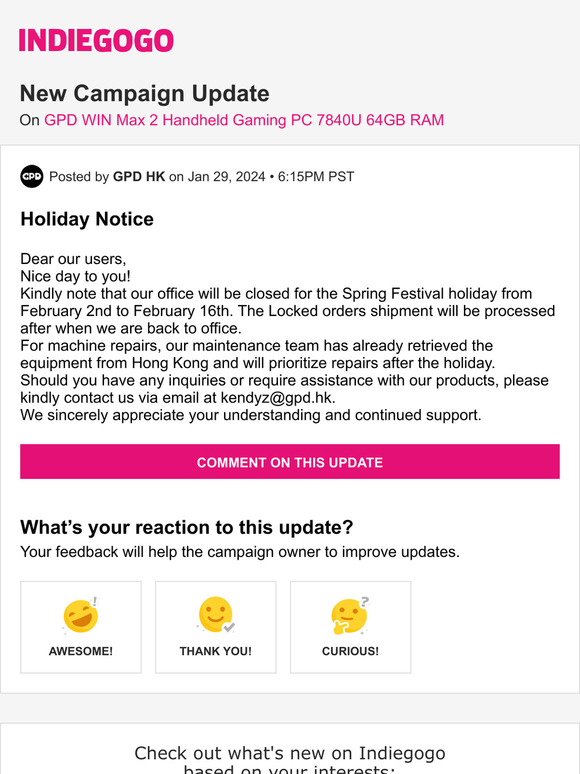 Indiegogo: 📢 Update #94 from GPD WIN Max 2 Handheld Gaming PC 7840U 64GB RAM | Milled