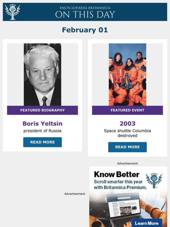Brittanica: Space shuttle Columbia destroyed, Boris Yeltsin is featured ...