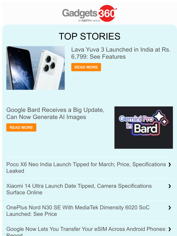 Gadgets 360: Gadgets 360 Newsletter: Lava Yuva 3 Launched in India at ...