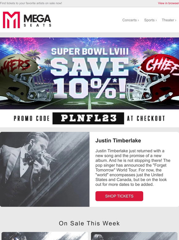 Mega Seats: 10% OFF Savings That Shimmer! Justin Timberlake, Heart ...