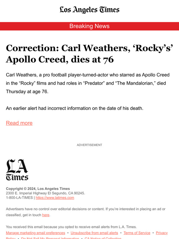 Los Angeles Times: Correction: Carl Weathers, ‘Rocky’s’ Apollo Creed ...