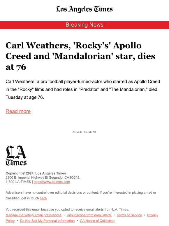 Los Angeles Times: Carl Weathers, 'Rocky's' Apollo Creed, dies at 76 ...