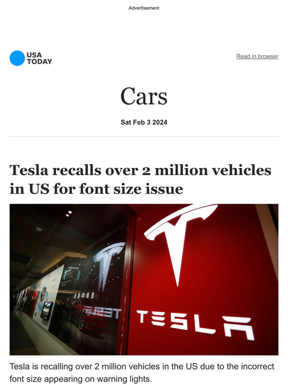 USA TODAY: Cars: Tesla recalls over 2 million vehicles in US for font ...