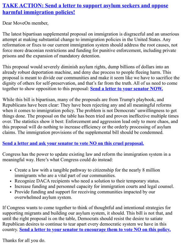MoveOn: Protect asylum seekers & send a letter to your senator! | Milled