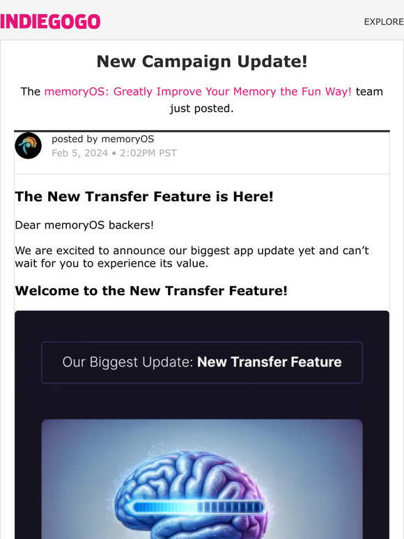 Indiegogo: 📢 Update #21 from memoryOS: Greatly Improve Your Memory the Fun Way! | Milled