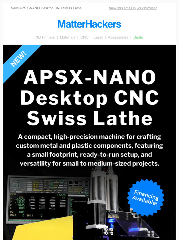 MatterHackers: Introducing the APSX-NANO Desktop CNC Swiss Lathe | Milled
