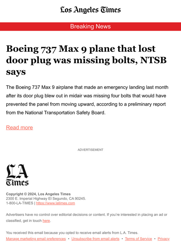 Los Angeles Times: Boeing 737 Max 9 plane that lost door plug was ...