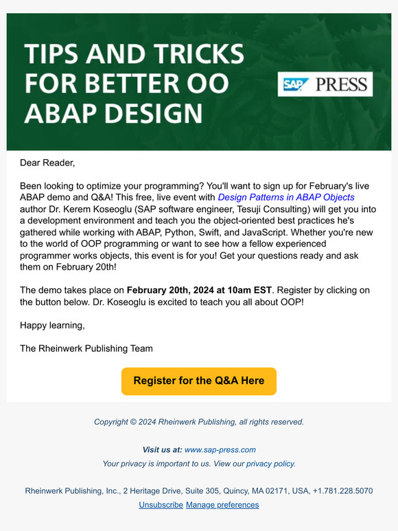 SAP Press: Register now! Object-oriented ABAP demo and Q&A with Dr. Kerem Koseoglu. | Milled