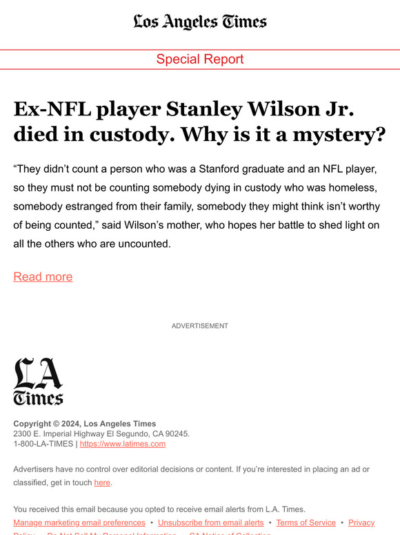 Los Angeles Times: Ex-NFL player dies in custody in L.A. | Milled