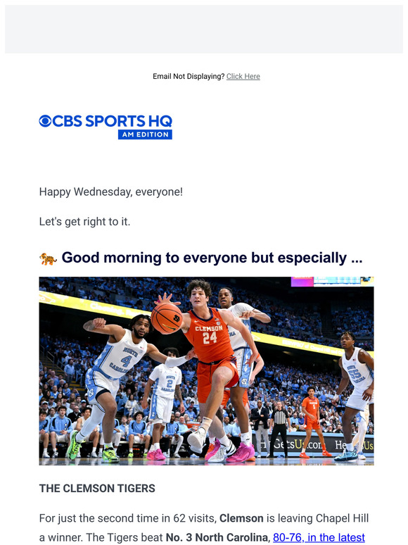 CBS Sports: Clemson wins at UNC for second time ever | New NBA Power ...