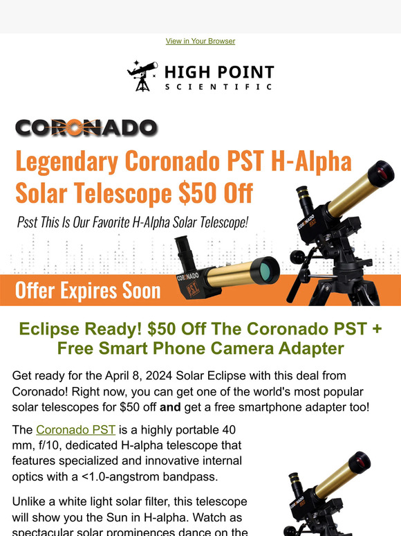 High Point Scientific: Legendary Solar Telescope On Sale - Just In Time ...