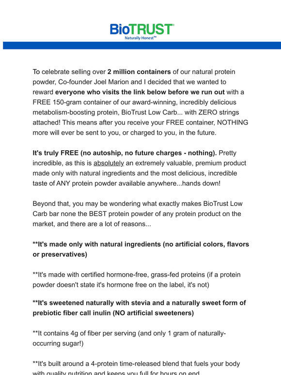 BioTrust: REMINDER: Sending you a free container of protein | Milled