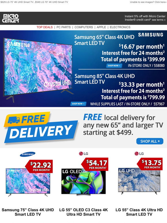 Micro Center: $399 Samsung 65" 4K UHD Smart TV! $799 Samsung 85" 4K UHD ...