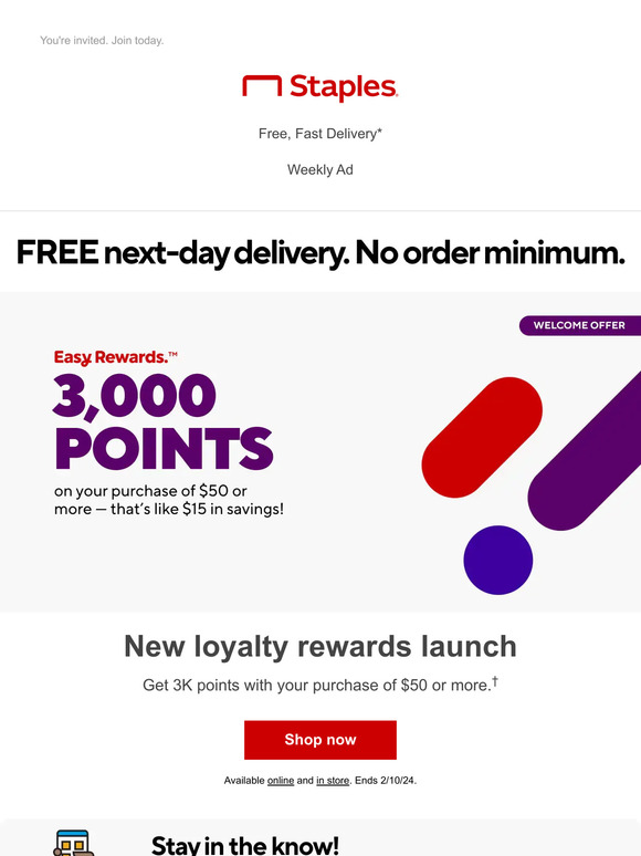Staples: We're pleased to offer you an Easy Rewards launch offer - Earn ...