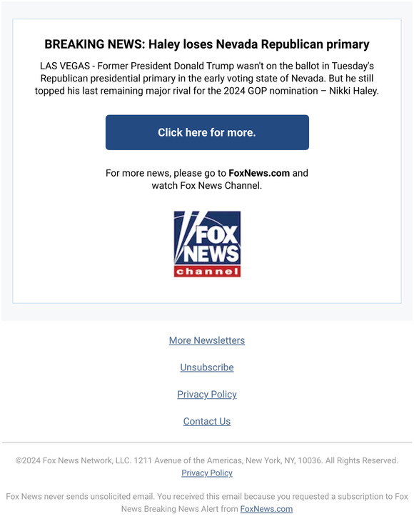 Fox News: BREAKING NEWS: Haley loses Nevada Republican primary | Milled