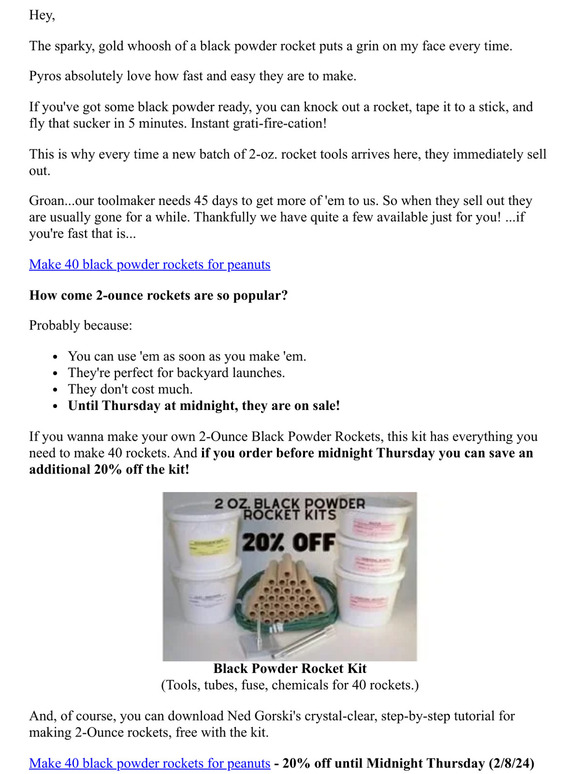 Skylighter: [Skylighter] 40, Easy BP Rockets for Peanuts | Milled