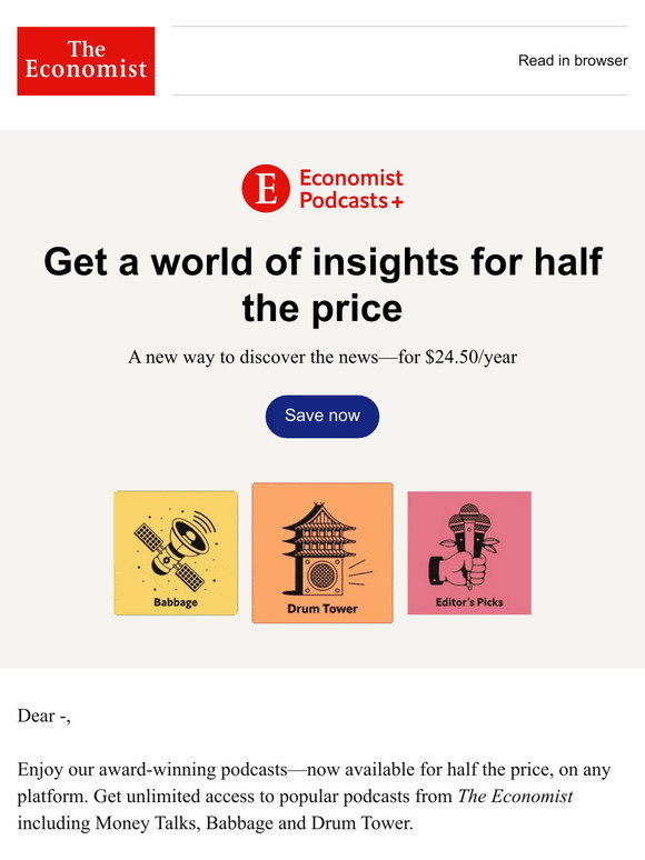 The Economist: Award-winning podcasts for 50% off | Milled