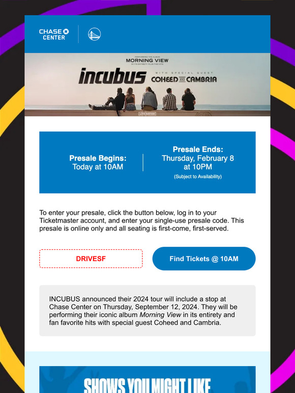 Golden State Warriors: Your Presale for Incubus Begins at 10AM | Milled