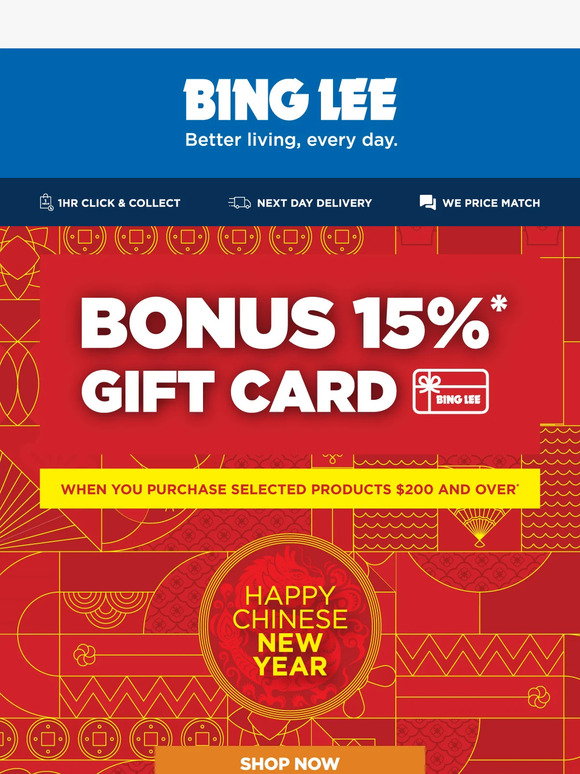 Bing Lee: 🐉 Bonus 15%* Bing Lee Gift Card when you purchase selected ...