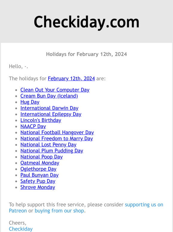 Checkiday: Holidays for February 12th, 2024! 📅🎉 | Milled