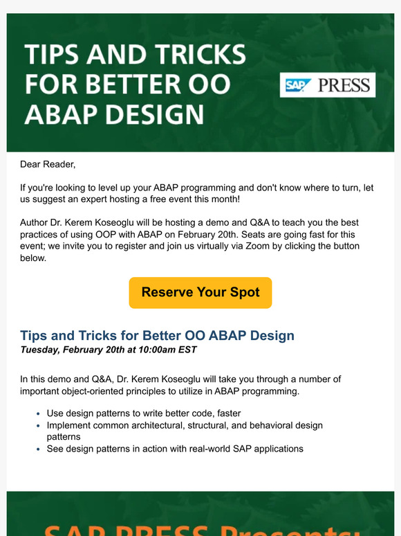 SAP PRESS: ⌛ Only 10 seats left in our ABAP demo and Q&A with Dr. Kerem Koseoglu. Reserve your ...