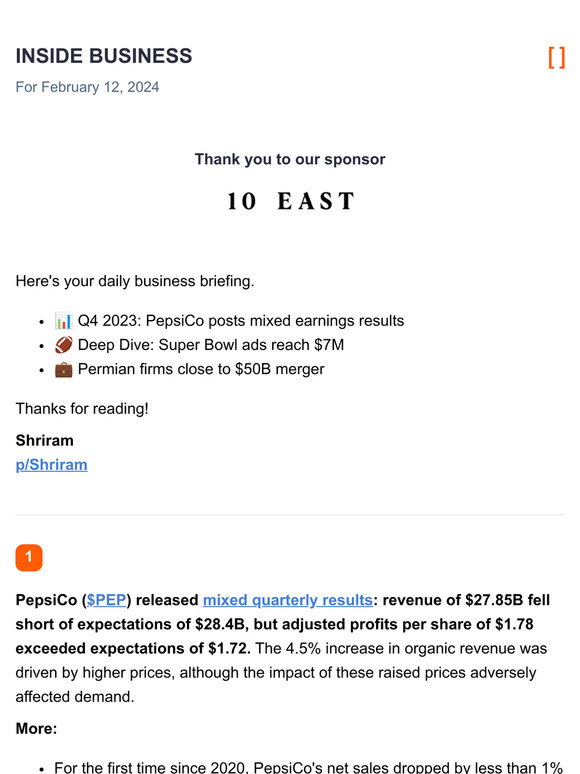 Inside: Q4 2023: PepsiCo posts mixed earnings results / Deep Dive: Super Bowl Ads reach $7M ...