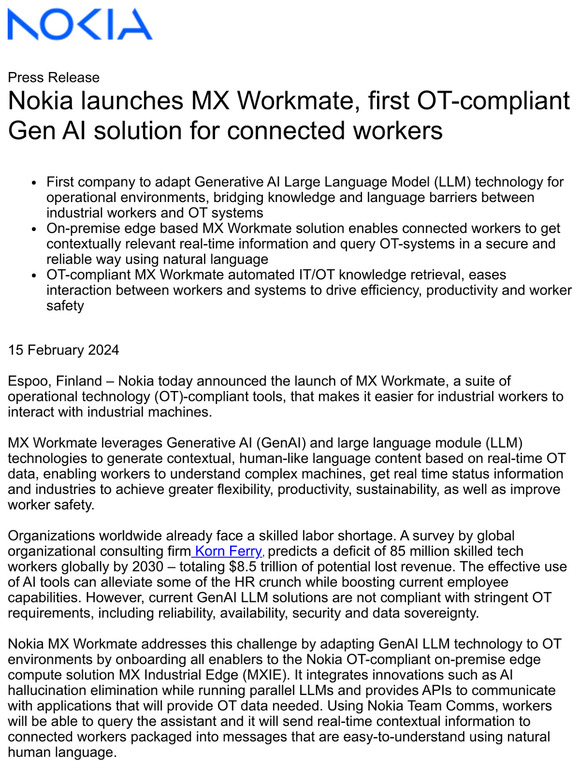 Withings: Nokia launches MX Workmate, first OT-compliant Gen AI solution for connected workers ...