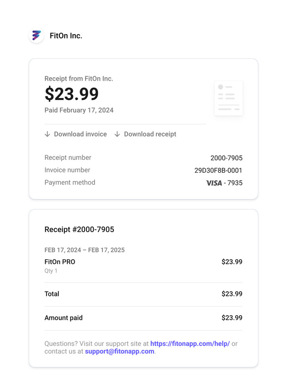 FitOn: Your receipt from FitOn Inc. #2000-7905 | Milled